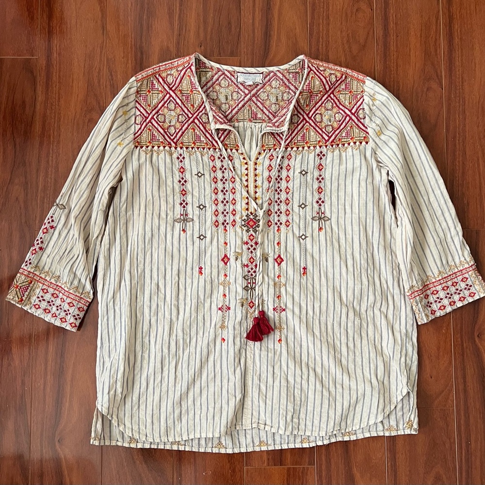 Johnny Was Red And Cream Embroidered Tunic - Gem